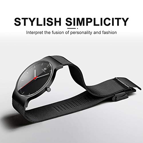 GOLDEN HOUR Men’s Watches Fashion Minimalist Thin 38 mm Quartz Analog Waterproof Watch with Black Stainless Steel Mesh Band Red-Hand