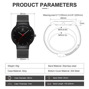 GOLDEN HOUR Men’s Watches Fashion Minimalist Thin 38 mm Quartz Analog Waterproof Watch with Black Stainless Steel Mesh Band Red-Hand