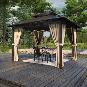 eagle peak 10x12 outdoor double roof hardtop gazebo with decorative lattice eave steel frame, mosquito mesh netting and light beige privacy curtains, backyard patio garden gazebo pavilion, black