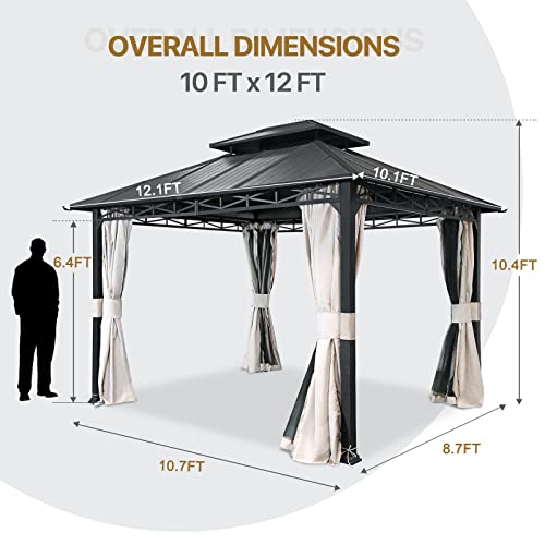 EAGLE PEAK 10x12 Outdoor Double Roof Hardtop Gazebo with Decorative Lattice Eave Steel Frame, Mosquito Mesh Netting and Light Beige Privacy Curtains, Backyard Patio Garden Gazebo Pavilion, Black