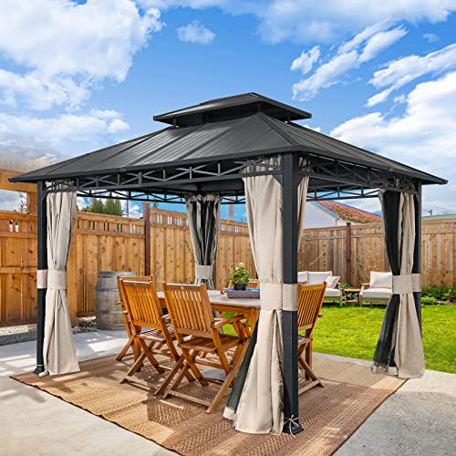 EAGLE PEAK 10x12 Outdoor Double Roof Hardtop Gazebo with Decorative Lattice Eave Steel Frame, Mosquito Mesh Netting and Light Beige Privacy Curtains, Backyard Patio Garden Gazebo Pavilion, Black