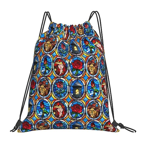 Bihoa Beauty and Beast Fairytale Glass Drawstring Backpack for Men Kids String Bag Sackpack Water Resistant Women Hiking Yoga Travel Beach