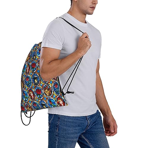 Bihoa Beauty and Beast Fairytale Glass Drawstring Backpack for Men Kids String Bag Sackpack Water Resistant Women Hiking Yoga Travel Beach