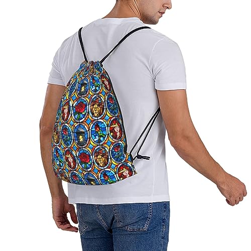 Bihoa Beauty and Beast Fairytale Glass Drawstring Backpack for Men Kids String Bag Sackpack Water Resistant Women Hiking Yoga Travel Beach