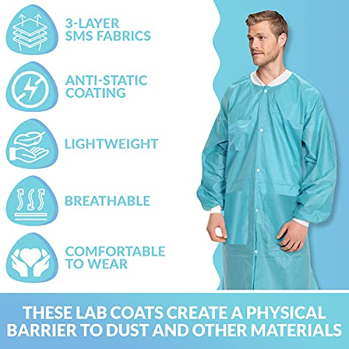 Medical Nation 10 Pack Disposable Lab Coats - Durable Knee Length Reusable Lab Coat with Knit Cuffs and Pockets, Unisex | Perfect For Dental, Hospitals, Pharmacies, Labs, Clinics - Teal Blue, Medium