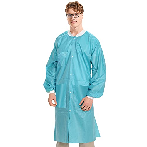 Medical Nation 10 Pack Disposable Lab Coats - Durable Knee Length Reusable Lab Coat with Knit Cuffs and Pockets, Unisex | Perfect For Dental, Hospitals, Pharmacies, Labs, Clinics - Teal Blue, Medium