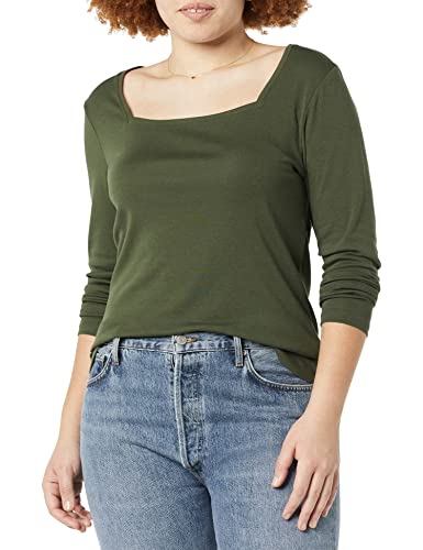 Amazon Essentials Women's Slim-Fit Long Sleeve Square Neck T-Shirt, Olive, Medium