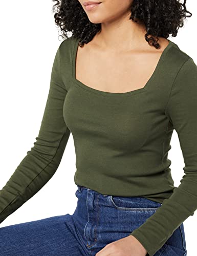 Amazon Essentials Women's Slim-Fit Long Sleeve Square Neck T-Shirt, Olive, Medium