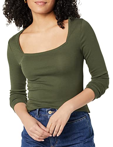 Amazon Essentials Women's Slim-Fit Long Sleeve Square Neck T-Shirt, Olive, Medium