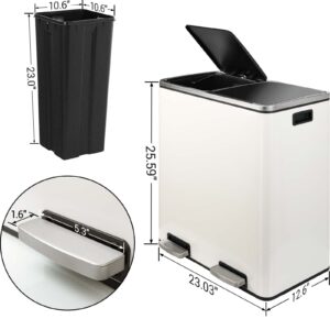 AthLike 60L(16 Gal) Dual Trash Can, Stainless Steel Kitchen Garbage Can, Double Compartment Classified Rubbish Bin, Recycle Dustbin w/Plastic Inner Buckets, Handle, Soft-Close Lid, Airtight