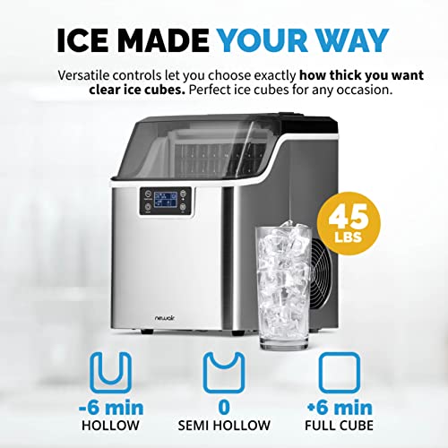 Newair NIM045SS00 45 lbs. Portable Countertop Clear Ice Maker with FrozenFall Technology, Custom Ice Thickness Controls, 24 Hour Timer, Large Viewing Ice Window, Perfect for Cocktails, Scotch, Soda