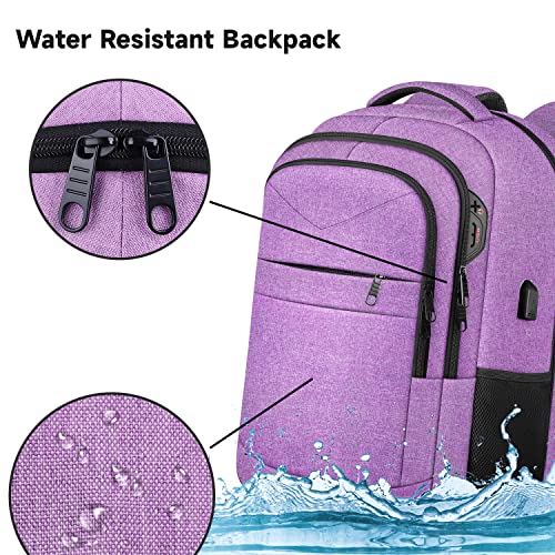 Lapsouno Extra Large Travel Backpack, Travel Laptop Backpack, Multiple Pockets 17.3 Inch Carry on Backpack with USB Port, TSA Friendly Water Resistant Business Travel Bag for Women, Purple