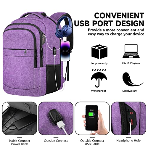 Lapsouno Extra Large Travel Backpack, Travel Laptop Backpack, Multiple Pockets 17.3 Inch Carry on Backpack with USB Port, TSA Friendly Water Resistant Business Travel Bag for Women, Purple