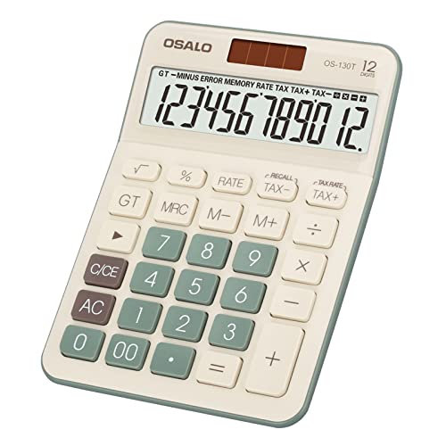 Desktop Calculator Large LCD Display 12 Digit Number Big Button Tax Financial Accounting Calculator, Battery and Solar Powered, for Desk Office Home Business Use(OS-130T Green)