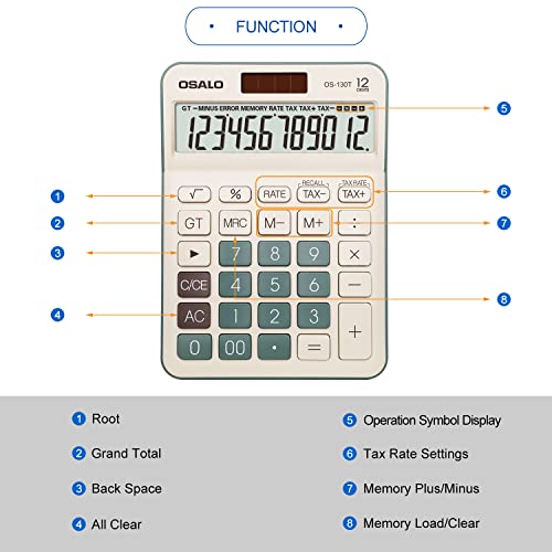 Desktop Calculator Large LCD Display 12 Digit Number Big Button Tax Financial Accounting Calculator, Battery and Solar Powered, for Desk Office Home Business Use(OS-130T Green)