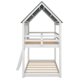 Polibi Twin-Over-Twin Wooden House Bed, Bunk Bed with Playhouse, Farmhouse, Ladder and Guardrails (White + Gray)