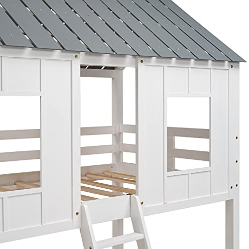 Polibi Twin-Over-Twin Wooden House Bed, Bunk Bed with Playhouse, Farmhouse, Ladder and Guardrails (White + Gray)