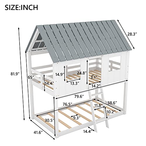 Polibi Twin-Over-Twin Wooden House Bed, Bunk Bed with Playhouse, Farmhouse, Ladder and Guardrails (White + Gray)