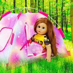 HOAKWA 18 Inch Dolls Camping Tent Accessories Set - Include Doll Camping Tent, Sleeping Bag, Camera, Doll Backpack, Toy Dog - 18" Doll Accessories Fits My Life, Generation, Journey Dolls