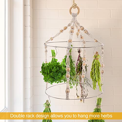 Boho Herb Drying Rack Double- Macrame Flower Drying Rack with 15 Hooks Handcrafted Woven Hanging Herb Dryer with Cotton Rope Wooden Hanging Ring Herb Hangers for Drying Air Plants Spices Flowers