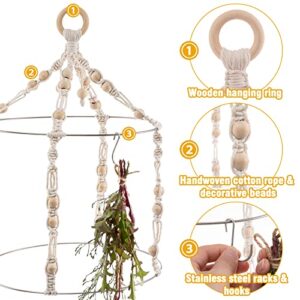 Boho Herb Drying Rack Double- Macrame Flower Drying Rack with 15 Hooks Handcrafted Woven Hanging Herb Dryer with Cotton Rope Wooden Hanging Ring Herb Hangers for Drying Air Plants Spices Flowers