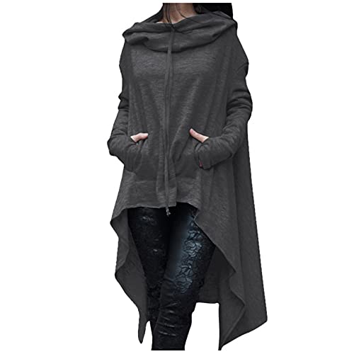 2021 Womens Long Sleeve Cloak Hoodies Turtleneck Oversized High Low Sweater Vintage Gothic Sweatshirts Pullover Casual Winter Coat Gray