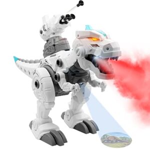 fire bull robot dinosaur diy gifts for kids, fire breathing red lights walking electric toy with projection, water mist spray, realistic sounds roar, assembly interaction for boys girls kids