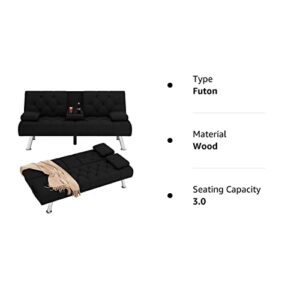 HIFIT Sofa Bed, Upholstered Convertible Folding Sleeper with Removable Armrests, Modern Futon Couch for Living Room, Bedroom, 2 Cupholders, Metal Legs, Black