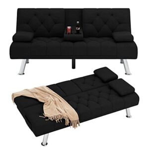 hifit sofa bed, upholstered convertible folding sleeper with removable armrests, modern futon couch for living room, bedroom, 2 cupholders, metal legs, black