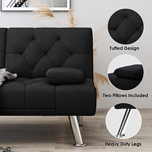 HIFIT Sofa Bed, Upholstered Convertible Folding Sleeper with Removable Armrests, Modern Futon Couch for Living Room, Bedroom, 2 Cupholders, Metal Legs, Black