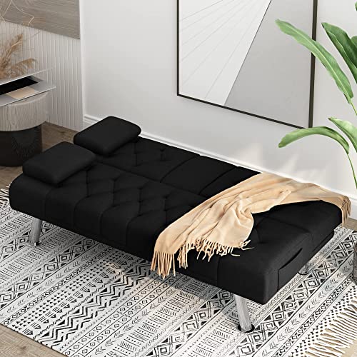 HIFIT Sofa Bed, Upholstered Convertible Folding Sleeper with Removable Armrests, Modern Futon Couch for Living Room, Bedroom, 2 Cupholders, Metal Legs, Black