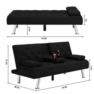 HIFIT Sofa Bed, Upholstered Convertible Folding Sleeper with Removable Armrests, Modern Futon Couch for Living Room, Bedroom, 2 Cupholders, Metal Legs, Black