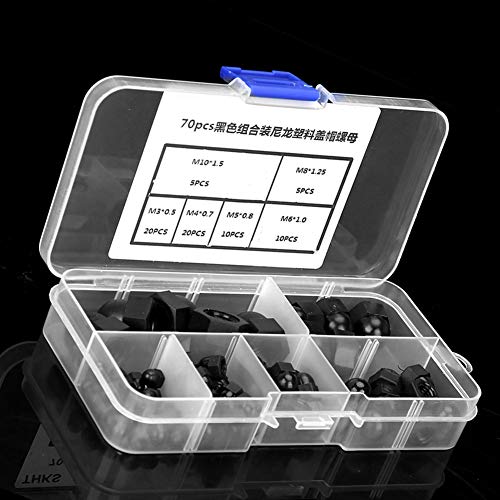 70pcs Hex Acorn Cap Nuts Assortment Kit M3/M4/M5/M6/M8/M10 Nylon Acorn Nut Dome Head Cap Hex Nuts(Black)