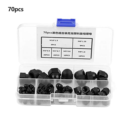 70pcs Hex Acorn Cap Nuts Assortment Kit M3/M4/M5/M6/M8/M10 Nylon Acorn Nut Dome Head Cap Hex Nuts(Black)