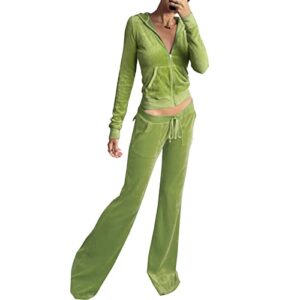 women's 2 piece velour tracksuit set heart print long sleeve zipper hoodie cropped jacket and sweatpants y2k sweatsuit set (b-green, large)