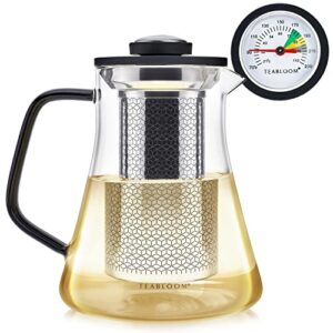 teabloom 2-in-1 tea kettle and tea steeper - glass teapot with thermometer and stainless steel loose leaf tea infuser, no whistle kettles, virtuoso 34-ounce tea maker