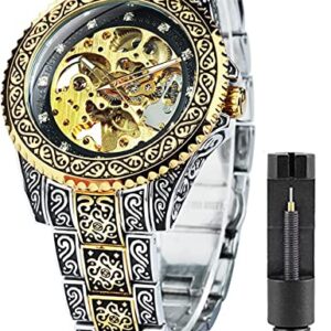 FANMIS Mens Luxury Engraving Wrist Watches Unique Tattoo Pattern Carved Stainless Steel Band Luminous Automatic Skeleton Watch (Gold Black)