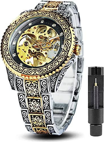 FANMIS Mens Luxury Engraving Wrist Watches Unique Tattoo Pattern Carved Stainless Steel Band Luminous Automatic Skeleton Watch (Gold Black)