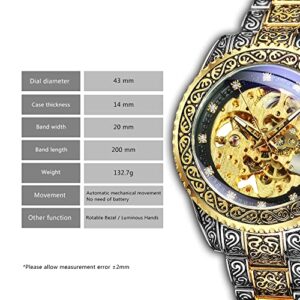 FANMIS Mens Luxury Engraving Wrist Watches Unique Tattoo Pattern Carved Stainless Steel Band Luminous Automatic Skeleton Watch (Gold Black)