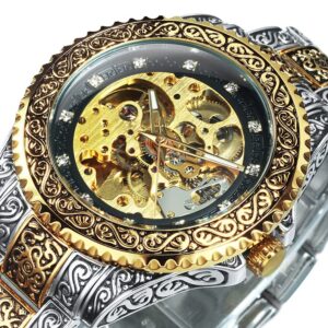 FANMIS Mens Luxury Engraving Wrist Watches Unique Tattoo Pattern Carved Stainless Steel Band Luminous Automatic Skeleton Watch (Gold Black)