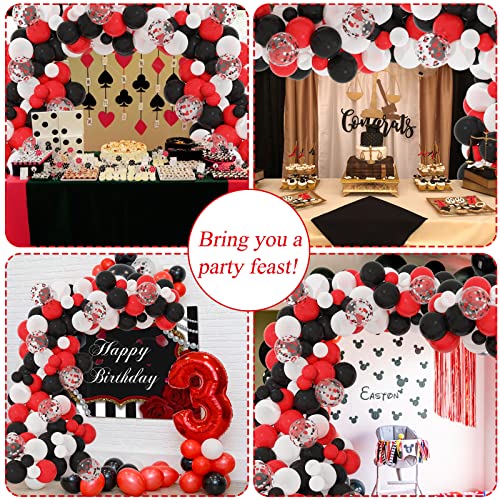 RUBFAC 133pcs Red Black White Balloons Garland Arch Kit, Red and Black White Balloons Arch with Confetti Balloons for Shower Birthday Graduation Racing Car Poker Card Decorations Supplies