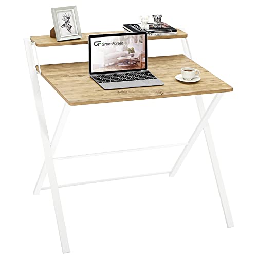 GreenForest Folding Desk No Assembly Required Fully Unfold 32 x 24.5 inch, 2-Tier Small Computer Desk with Shelf Space Saving Laptop Study Foldable Table for Small Spaces, Oak