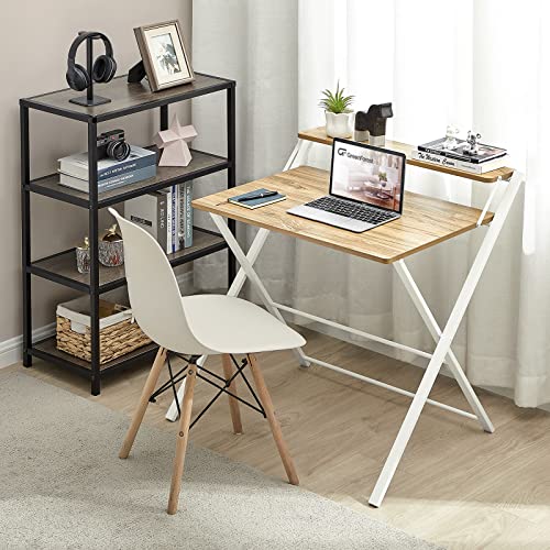 GreenForest Folding Desk No Assembly Required Fully Unfold 32 x 24.5 inch, 2-Tier Small Computer Desk with Shelf Space Saving Laptop Study Foldable Table for Small Spaces, Oak