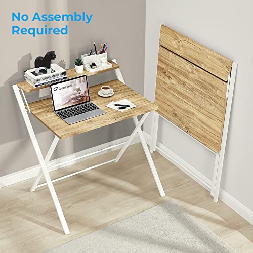 GreenForest Folding Desk No Assembly Required Fully Unfold 32 x 24.5 inch, 2-Tier Small Computer Desk with Shelf Space Saving Laptop Study Foldable Table for Small Spaces, Oak