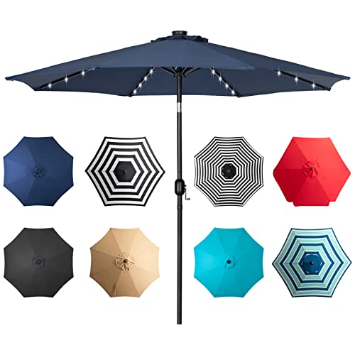 PARANTA 9 Feet Outdoor Patio Umbrella with 40 Solar LED Lights, Button Tilt and Crank, 8 Ribs Patio Umbrella, Navy Blue