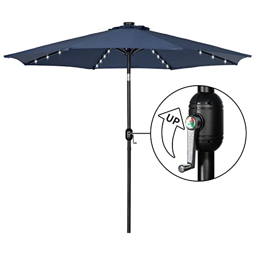 PARANTA 9 Feet Outdoor Patio Umbrella with 40 Solar LED Lights, Button Tilt and Crank, 8 Ribs Patio Umbrella, Navy Blue