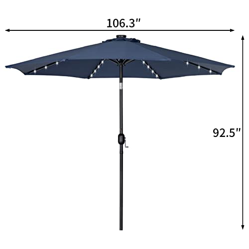 PARANTA 9 Feet Outdoor Patio Umbrella with 40 Solar LED Lights, Button Tilt and Crank, 8 Ribs Patio Umbrella, Navy Blue