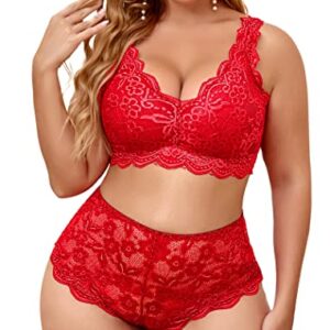 Avidlove Plus Size Lingerie Set Lace Bralette High Waist Panty Set Red