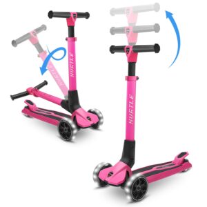 hurtle 3 wheeled scooter for kids - foldable stand child toddlers toy kick scooters w/built-in led wheel lights, anti-slip wide deck, adjustable height, great for outdoor fun -, pink