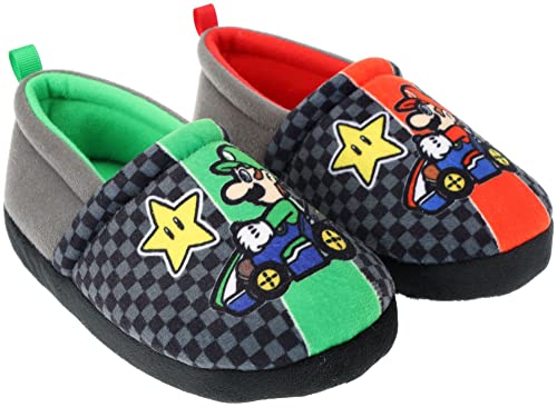 Super Mario Boys Slippers, Mario Kart Mismatched A-Line, Black, Size 12/13